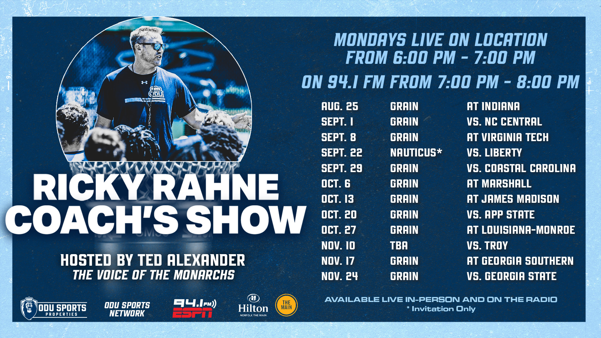Ricky Rahne Coach's Show Tonight at Grain at Hilton Norfolk the Main ...
